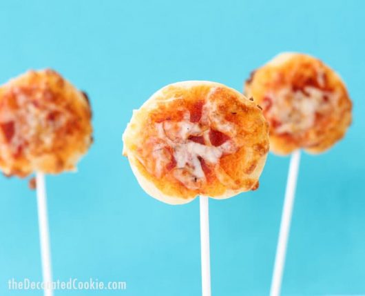pizza pops, or pizza on a stick, for a fun kids party food idea.
