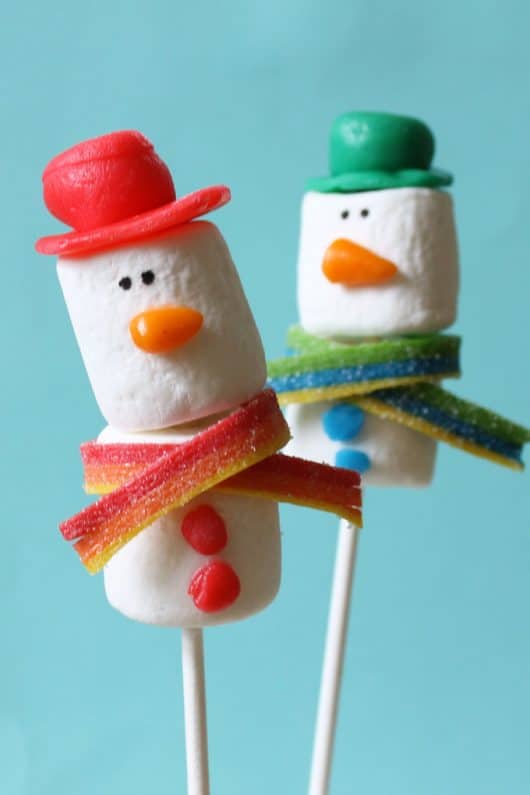 marshmallow snowman pops with Airheads candy accessories