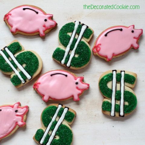 MONEY COOKIES -- How to decorate dollar signs and piggy banks.