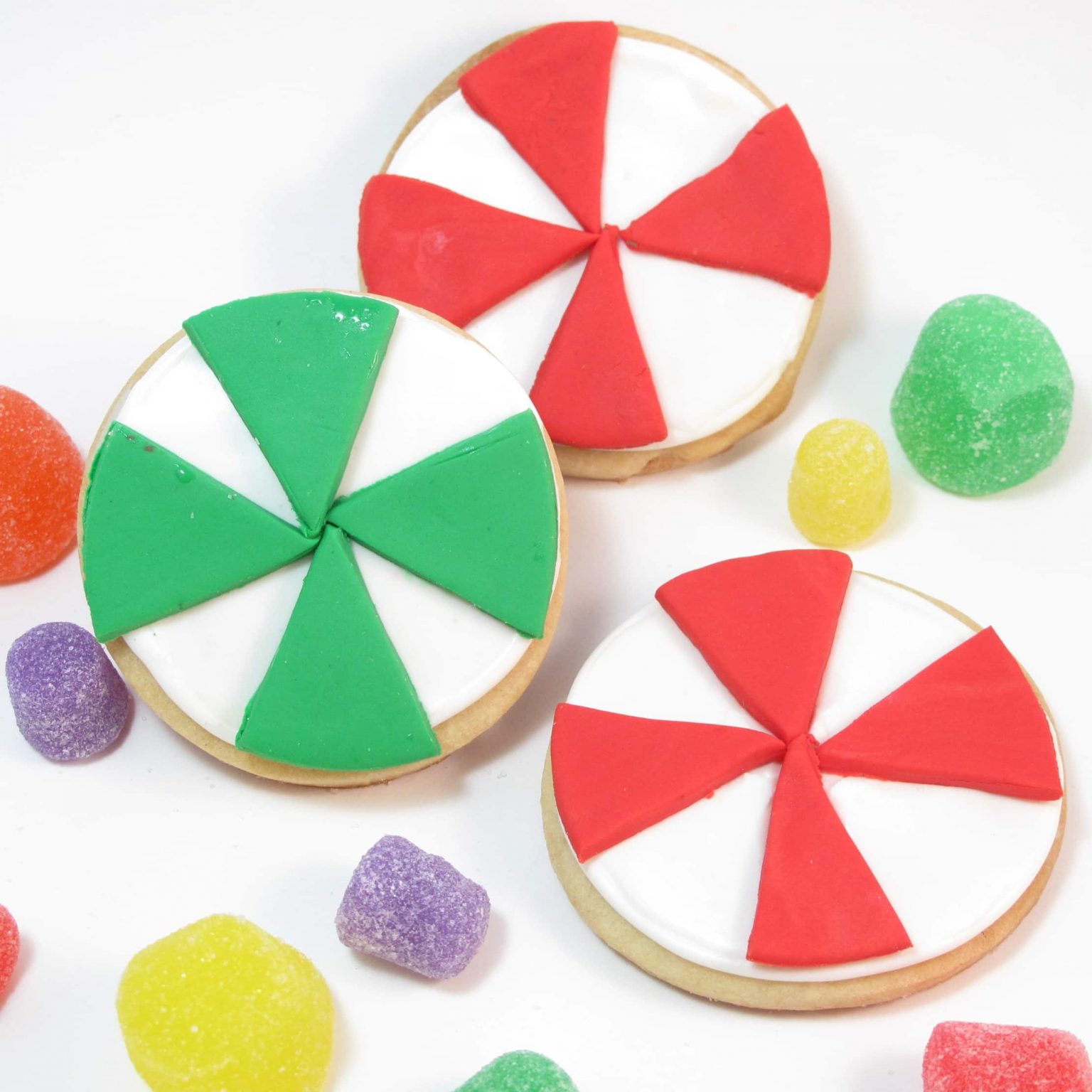 Christmas cookies decorated as peppermint candy cookies.