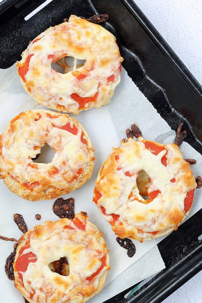 Homemade PIZZA BAGEL BITES-- after school snack from freezer to plate