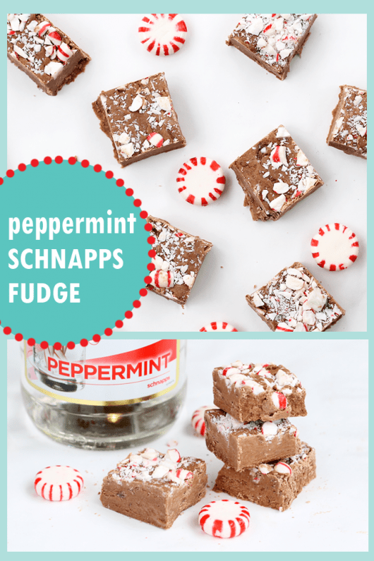 3-ingredient Peppermint Schnapps fudge topped with candy canes