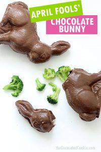 Fun food ideas: April Fool's Day chocolate bunny filled with vegetables.
