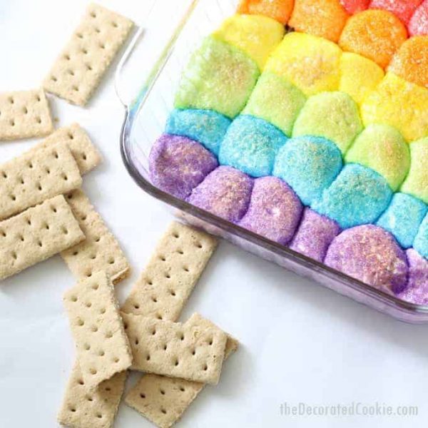 rainbow s'mores dip is easy, delicious unicorn food for a rainbow party