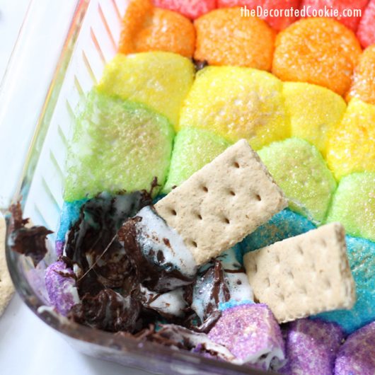 rainbow s'mores dip is easy, delicious unicorn food for a rainbow party