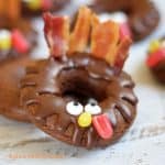 DONUT TURKEYS -- baked chocolate doughnuts for Thanksgiving fun.