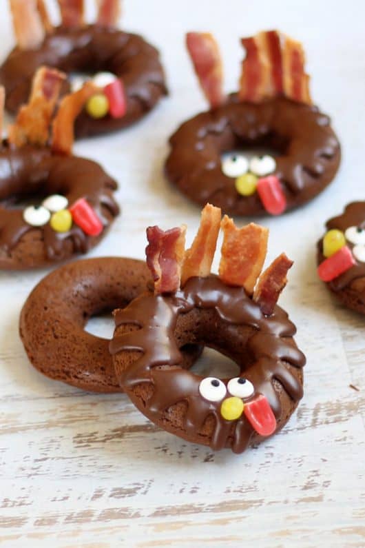 DONUT TURKEYS -- baked chocolate doughnuts for Thanksgiving fun.