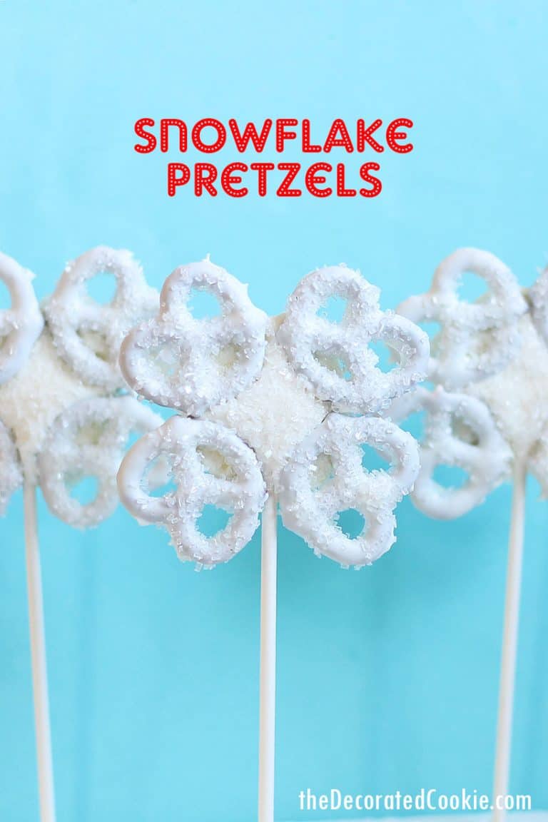 SNOWFLAKE PRETZELS on a stick, a sweet and salty holiday food craft