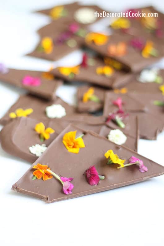 Beautiful edible flower chocolate bark for Spring, Easter or Mother's Day