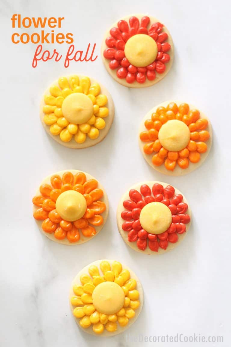 PIPED FLOWER COOKIES for FALL -- Sugar cookies with frosting.